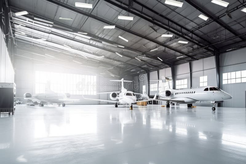 Modern Hangar with Sleek, High-tech Planes and Equipment Stock Illustration - Illustration of ...