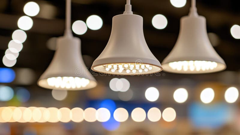 Modern Hanging Led Pendant Lights in Warm Interior Setting Stock Photo ...