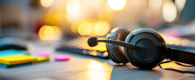 The Modern Headset on a Stylish Office Desk during Golden Hour..AI ...