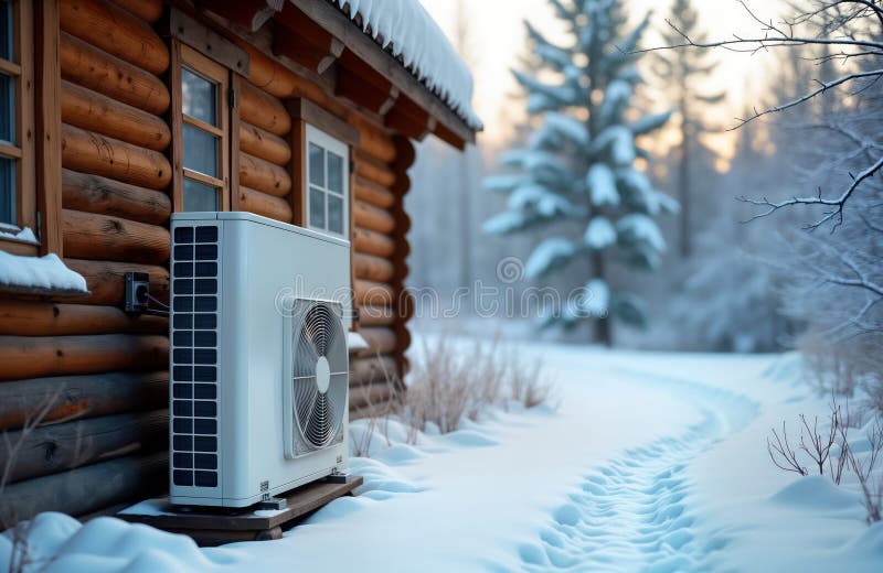 Modern Heat Pump Unit Near Log Cabin in Snowy Winter Landscape. Eco ...