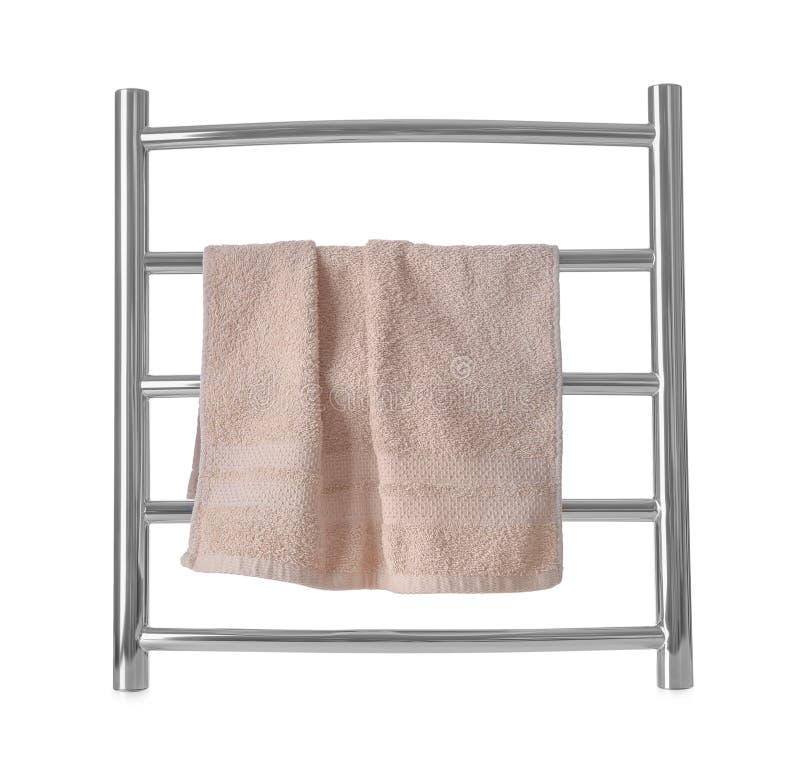 Modern Heated Towel Rail with Warm Soft Towel Isolated on White Stock ...