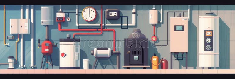 Modern Heating System Components in a Basement with Various Appliances ...