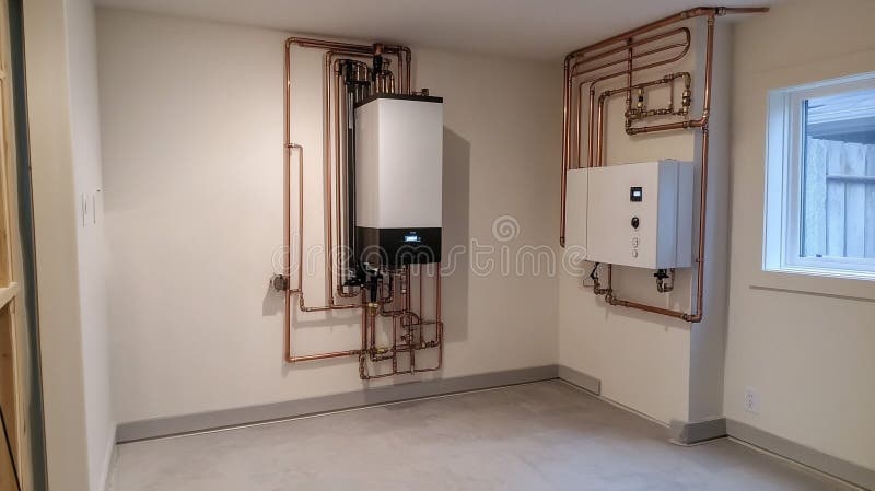 Modern Home Heating System with Copper Piping and White Panels Stock ...