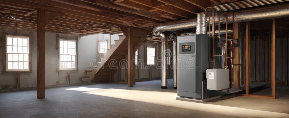 The Modern Heating System Positioned in a Spacious Basement Environment ...