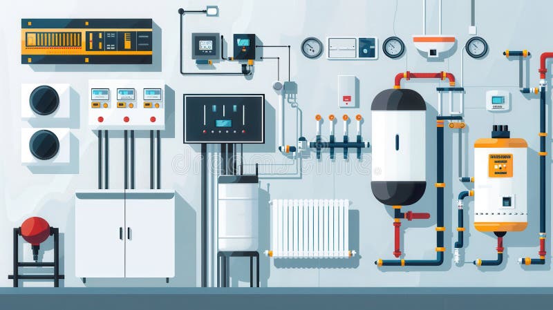 Modern Heating System Setup in a Basement Featuring Various Components ...