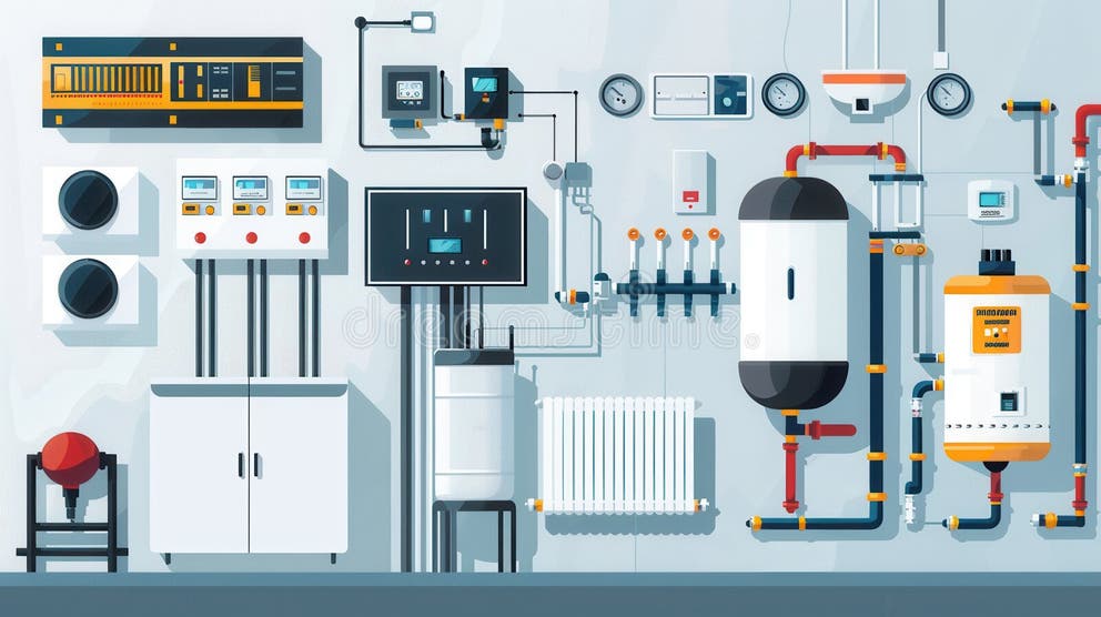 Modern Heating System Setup in a Basement Featuring Various Components ...