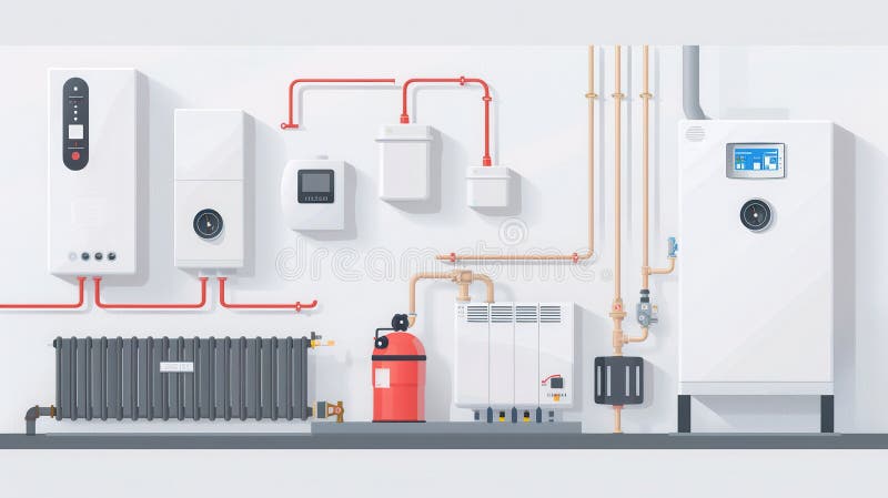 Modern Heating System Setup Featuring Gas Boiler, Electric Boiler, and ...