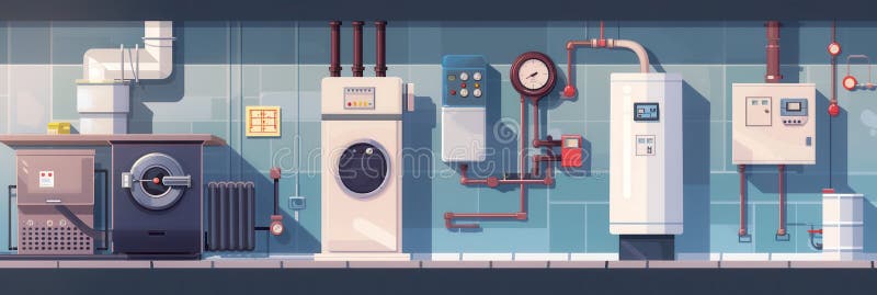 Modern Heating System Setup in a Residential Basement with Various ...