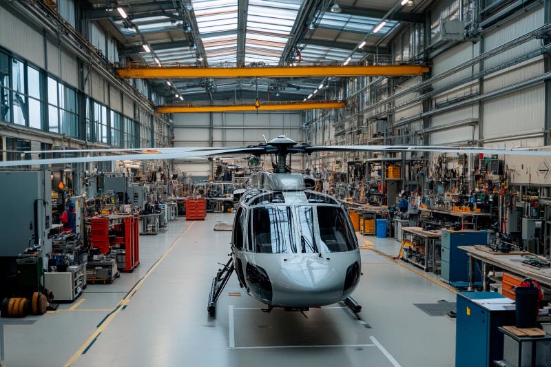 Modern Helicopter Assembly in a Bustling Manufacturing Facility ...