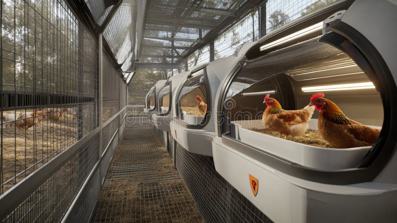 Modern Hen House with Automated Nesting Boxes and Chickens Inside Stock ...
