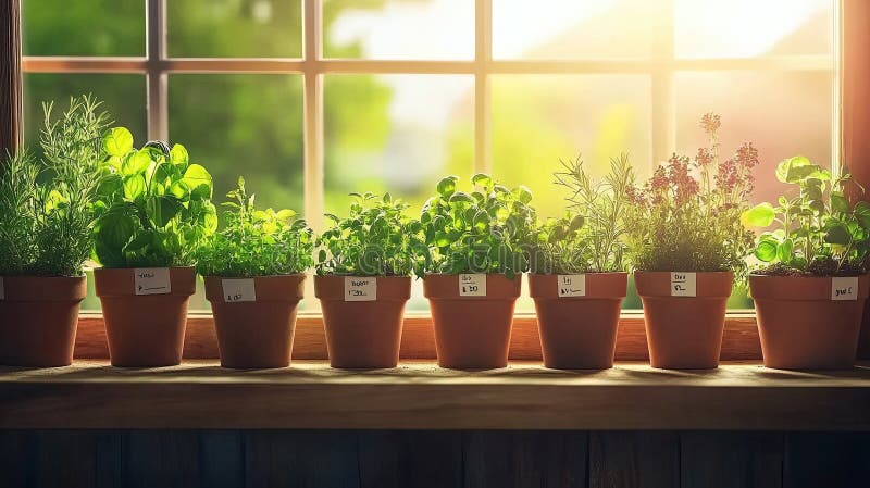 A Modern Herb Garden in a Kitchen Windowsill with Labeled Pots Stock ...