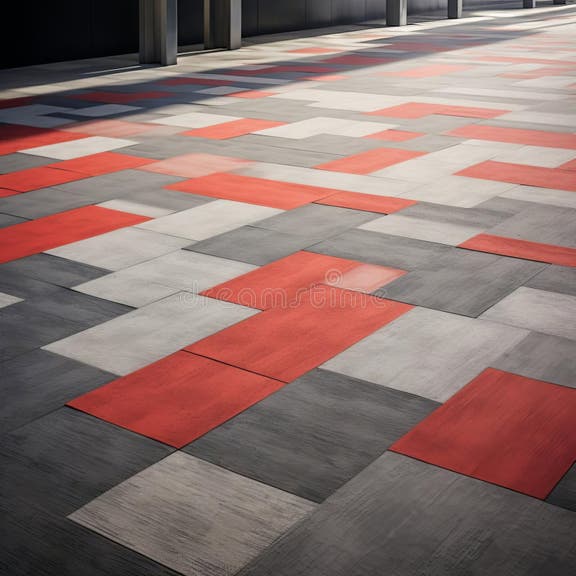Modern Herringbone Patterned Floor Tiles with Bold Red Accents Stock ...