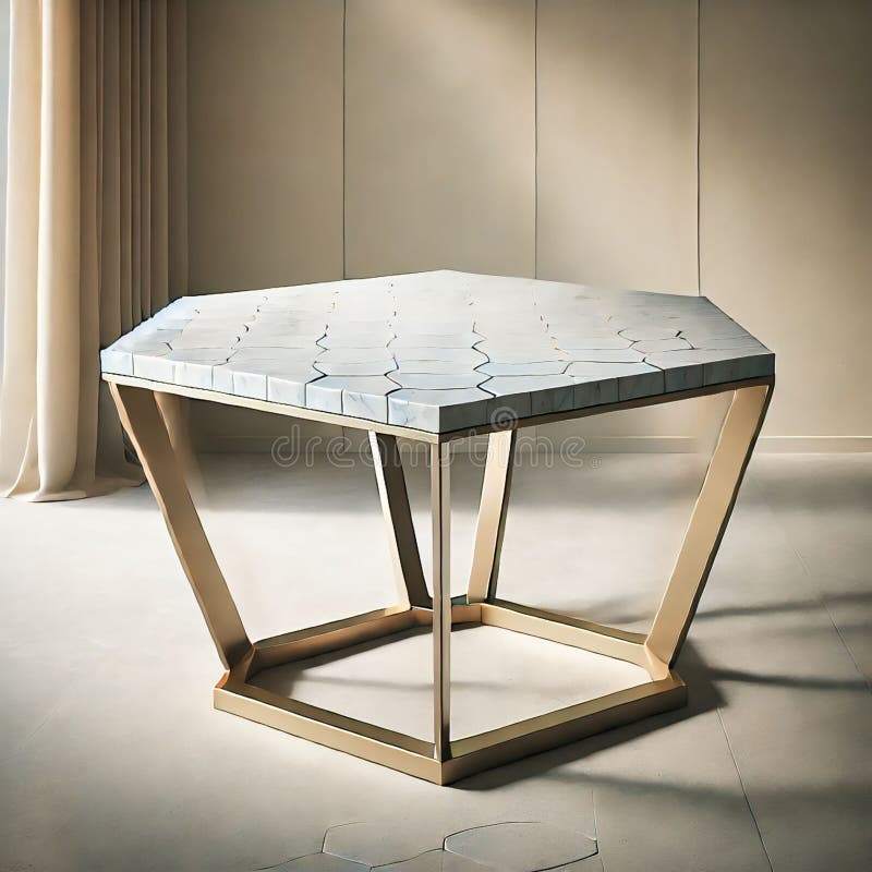 Modern Hexagonal Table with Textured Marble Top and Gold Frame AI ...