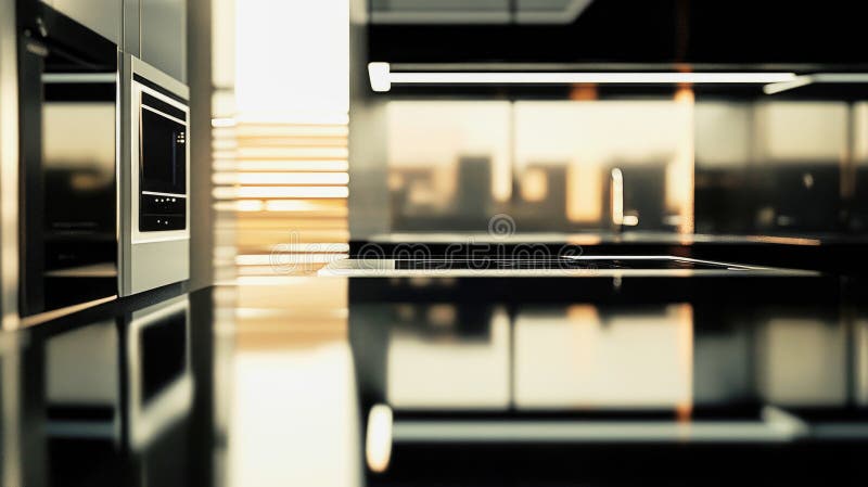 Modern Hi-tech Kitchen with High Gloss Finishes and Soft Focus Bokeh ...