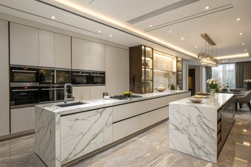 Modern High-end Luxury Kitchen with Marble Worktops Stock Illustration ...