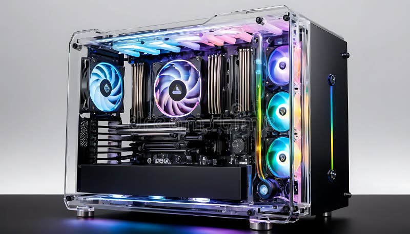 High-Performance Gaming PC with RGB Lighting and Transparent Case Stock ...