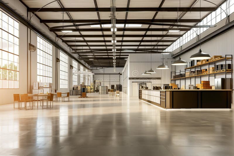 Modern High Rack Warehouse, Dining Room and Kitchen in a Large ...
