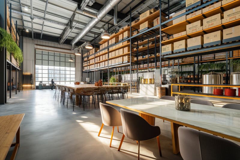 Modern High Rack Warehouse, Dining Room and Kitchen in a Large ...
