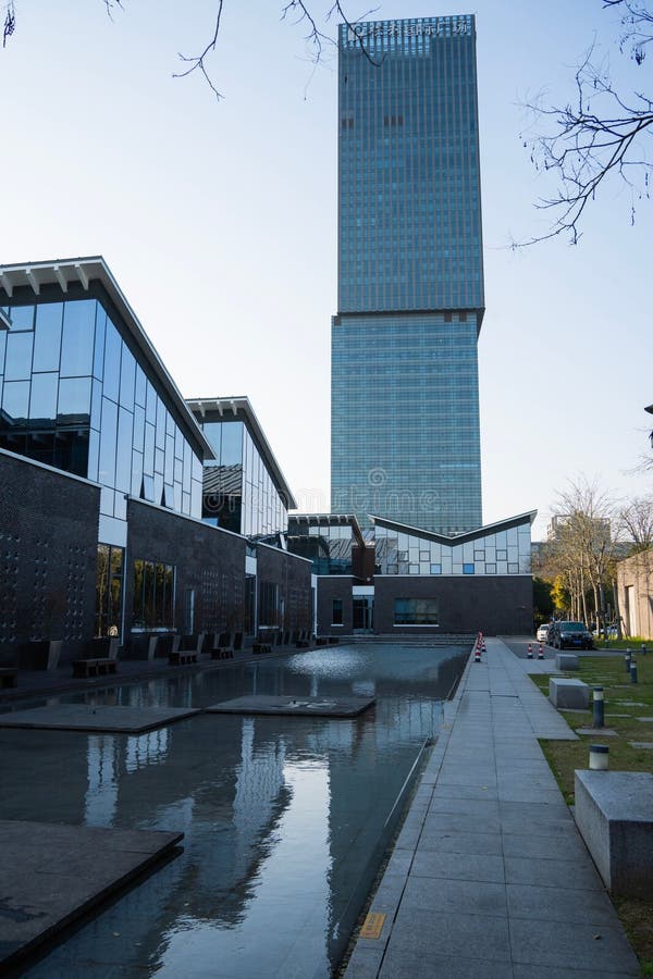 Modern High-rise Building and Adjacent Structures with Reflective Pool ...