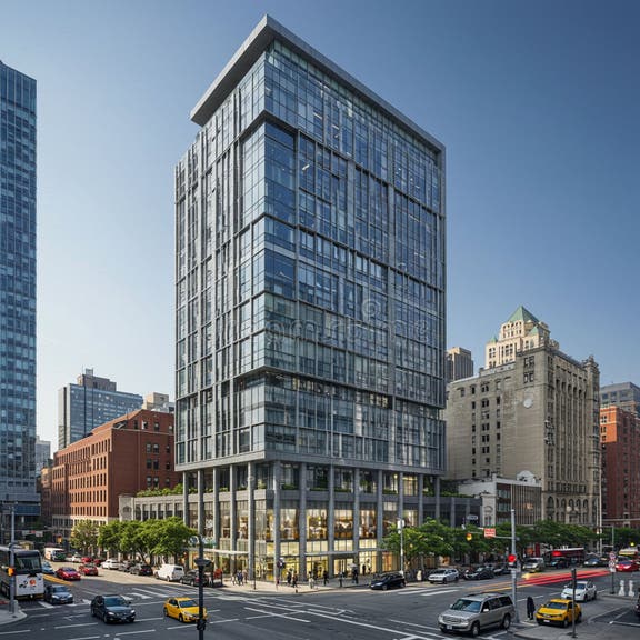 Modern High-rise Building with a Glass and Steel Façade, Situated on a ...