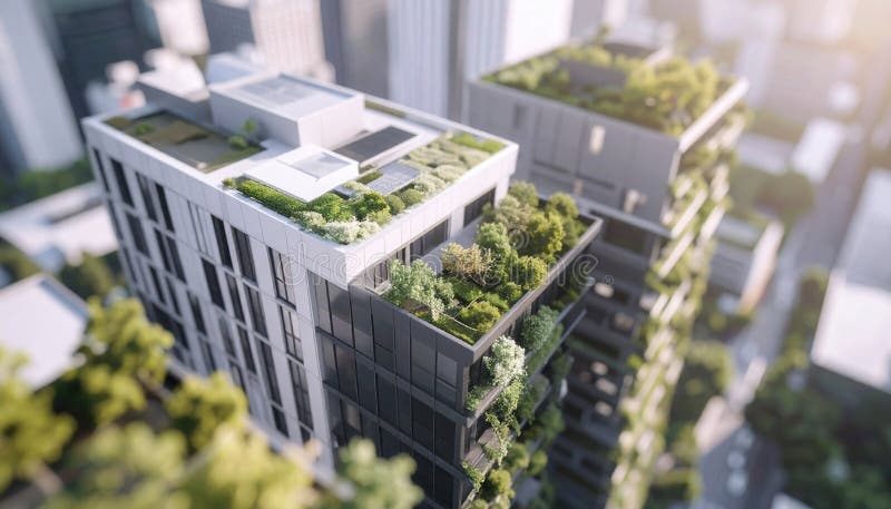 Modern High Rise Building with Rooftop Gardens and Greenery Urban Stock ...