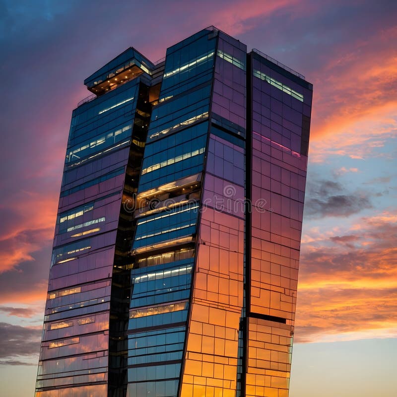 Modern High-Rise with Glass Facade Reflecting Sunset Colors Stock ...