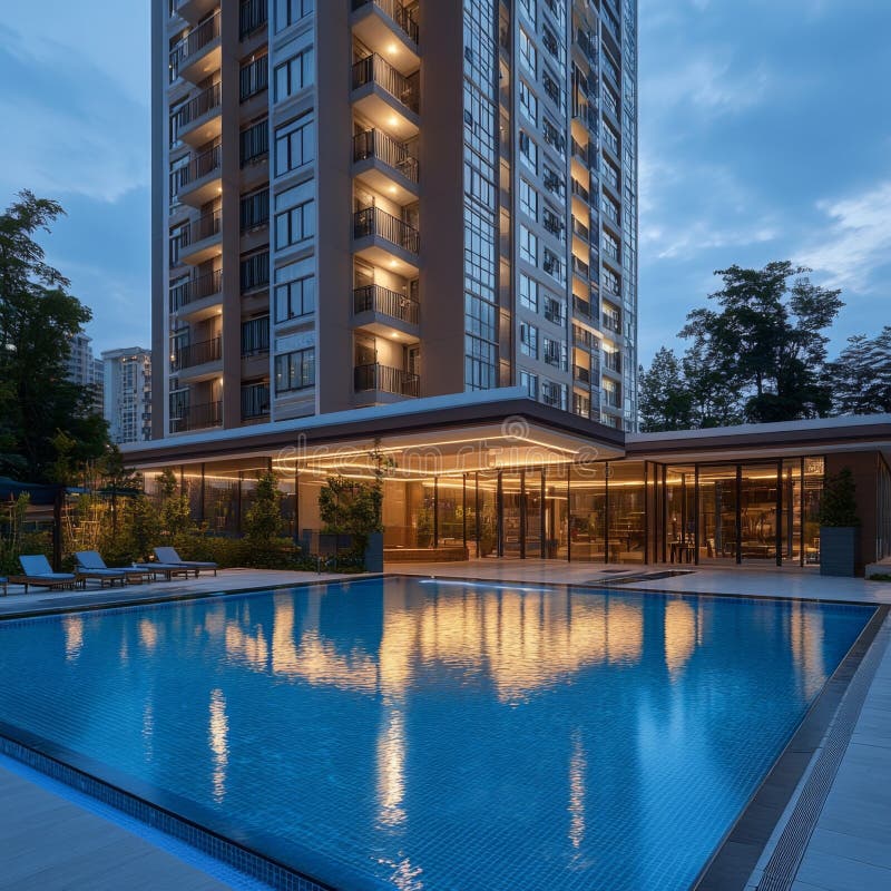 Modern High-rise with Illuminated Pool and Evening Sky Reflections ...