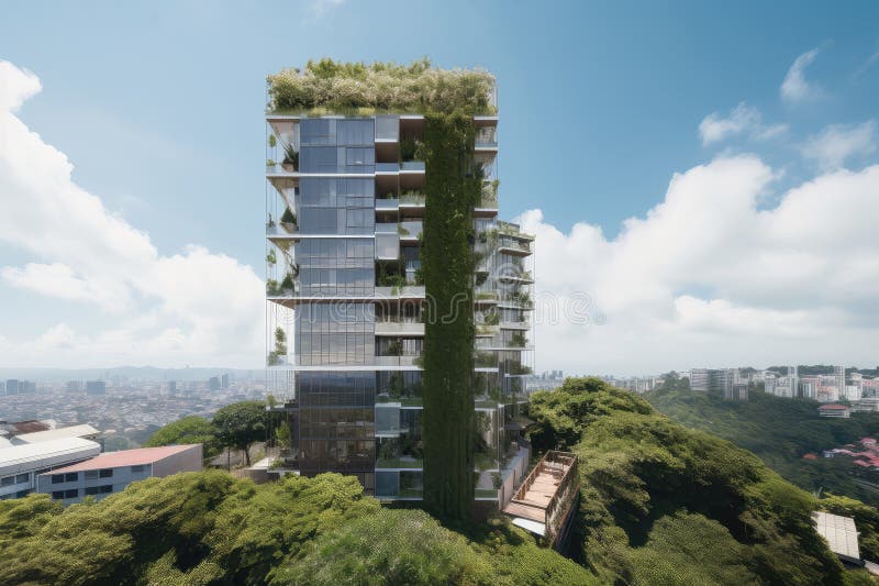 Modern High-rise with View of the City, Surrounded by Greenery and Blue ...