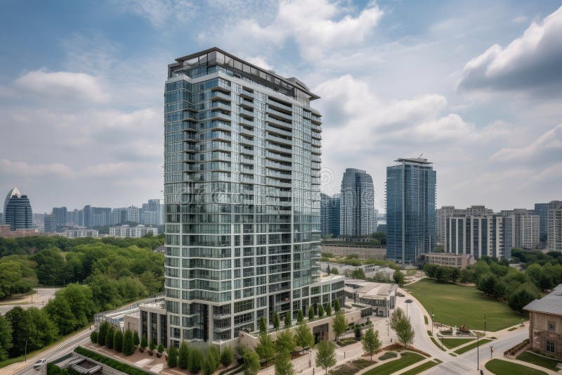 Modern High-rise, with View of Downtown Skyline, Surrounded by Bustling ...