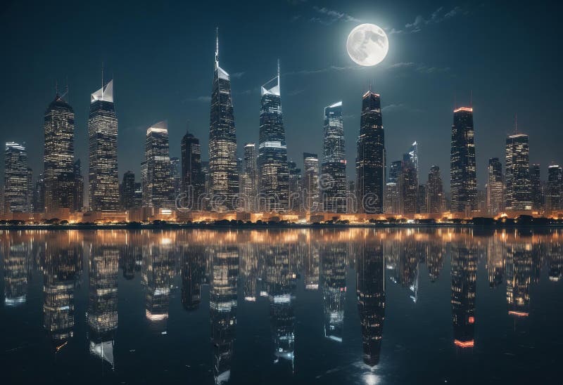 Modern High-Rises and Moonlit Waters in Futuristic Cityscape Stock ...