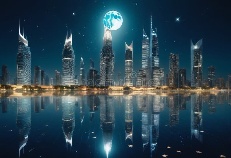 Modern High-Rises and Moonlit Waters in Futuristic Cityscape Stock ...