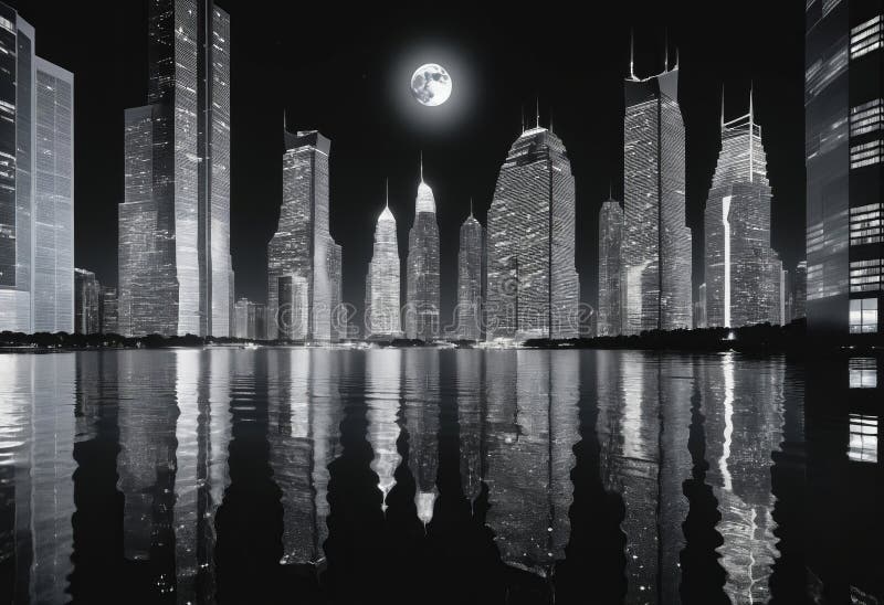 Modern High-Rises and Moonlit Waters in Futuristic Cityscape Stock ...