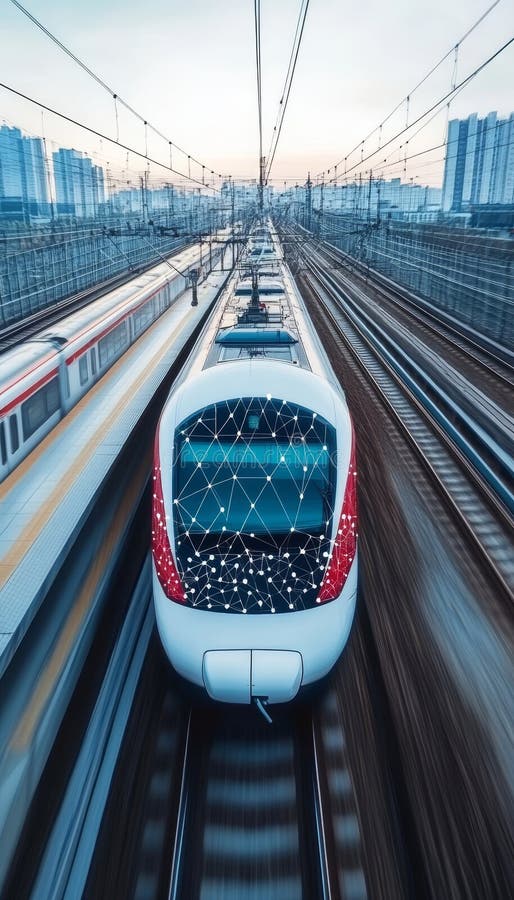 Modern High-Speed Passenger Train on Elevated Railway Tracks, Urban ...