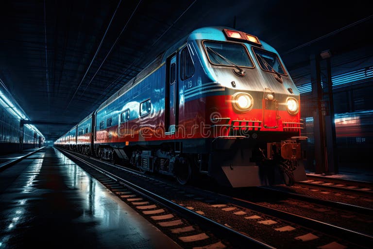 Modern High-speed Passenger Train in the Night Lights. Generated by AI ...