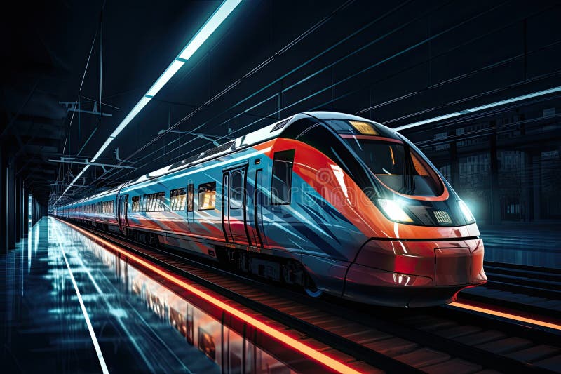 Modern High-speed Passenger Train in the Night Lights. Generated by AI ...