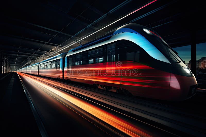 Modern High-speed Passenger Train in the Night Lights. Generated by AI ...