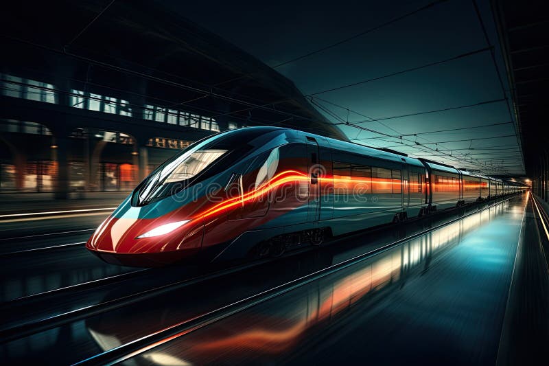 Modern High-speed Passenger Train in the Night Lights. Generated by AI ...