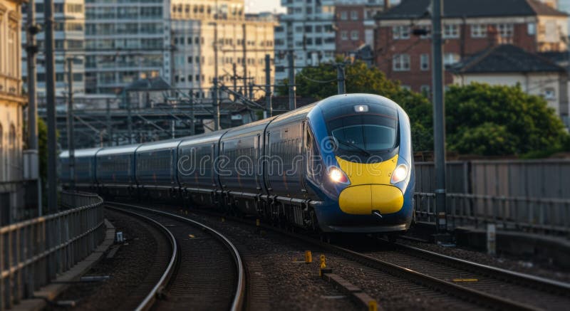 Modern High-Speed Train Approaching City at Sunset Stock Illustration ...