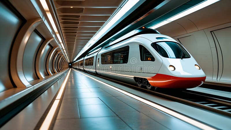 Modern High Speed Train Arriving at Futuristic Underground Station ...
