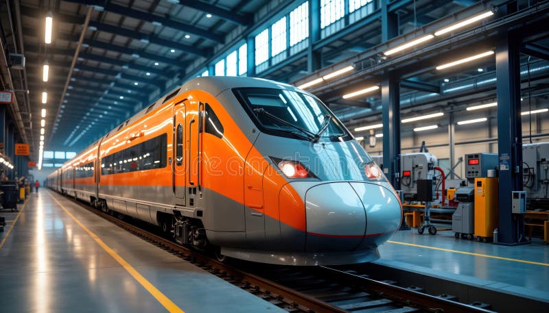 Modern High-speed Train in Bright Maintenance Facility. Advanced ...