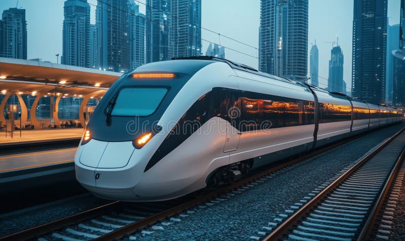 Modern High-speed Train at Dubai Station with Skyscrapers in Background ...