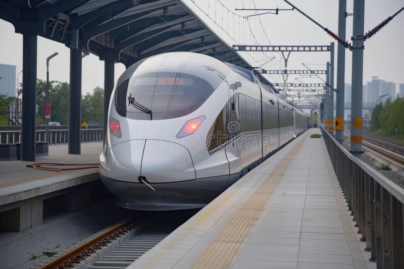 Modern High-speed Train in Fast Motion Passes through Railway Stations ...