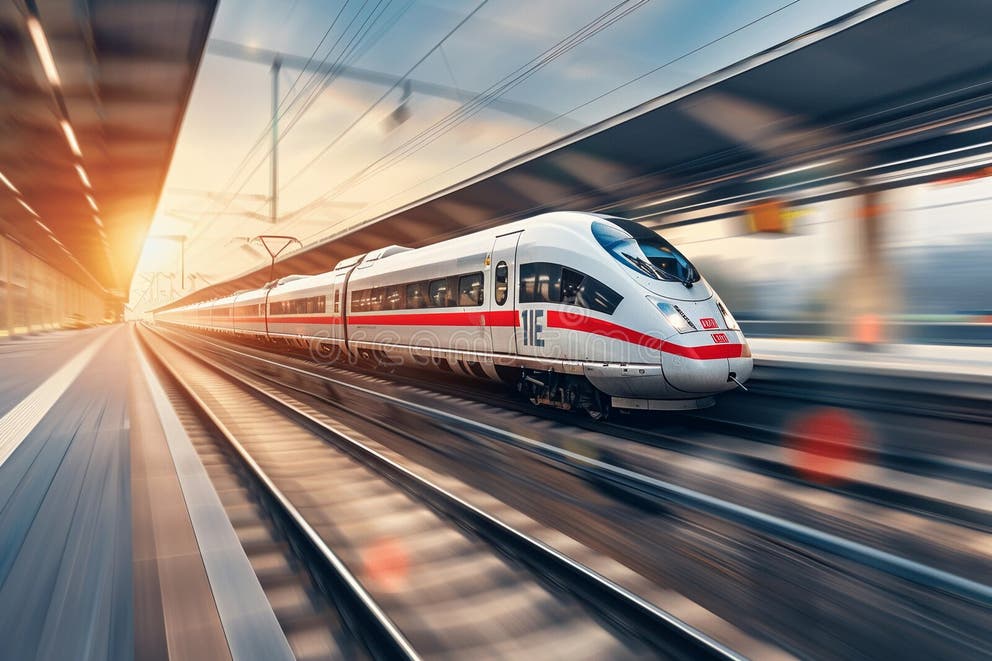 Modern High-speed Train in Fast Motion Passes through Railway Stations ...