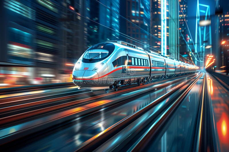 Modern High-speed Train in Fast Motion Passes through Railway Stations ...