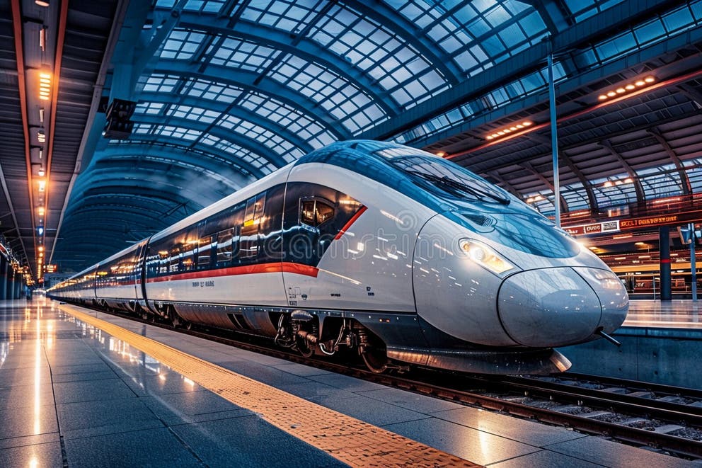 Modern High-speed Train in Fast Motion Passes through Railway Stations ...