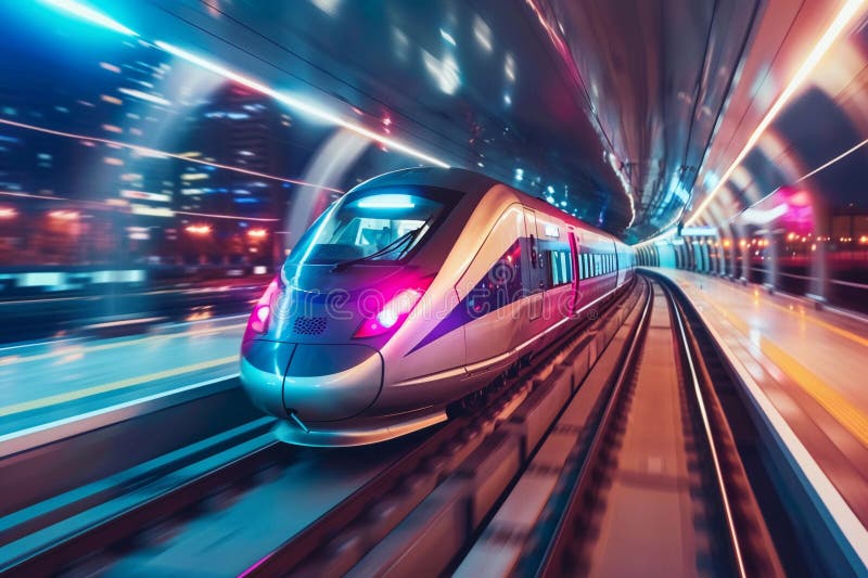 Modern High-speed Train in Fast Motion Passes through Railway Stations ...