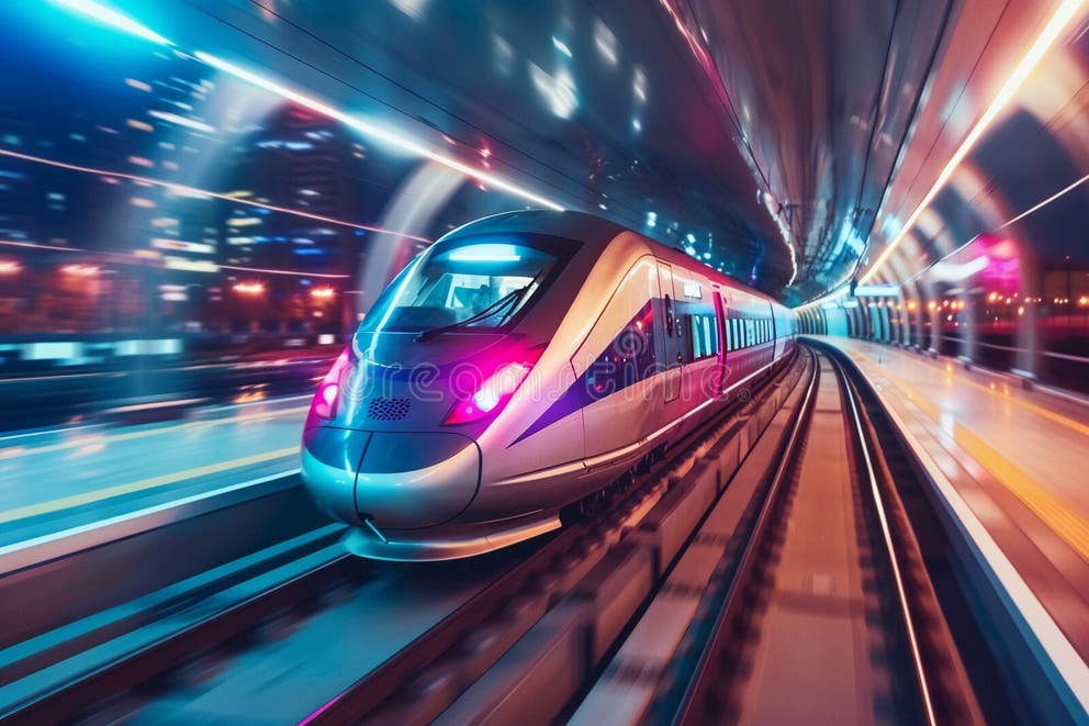 Modern High-speed Train in Fast Motion Passes through Railway Stations ...