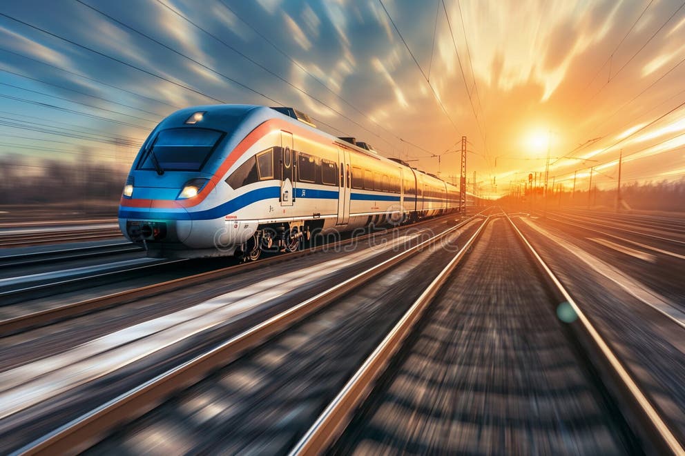 Modern High-speed Train in Fast Motion Passes through Railway Stations ...