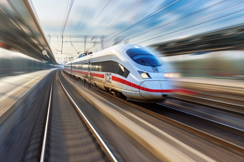 Modern High-speed Train in Fast Motion Passes through Railway Stations ...