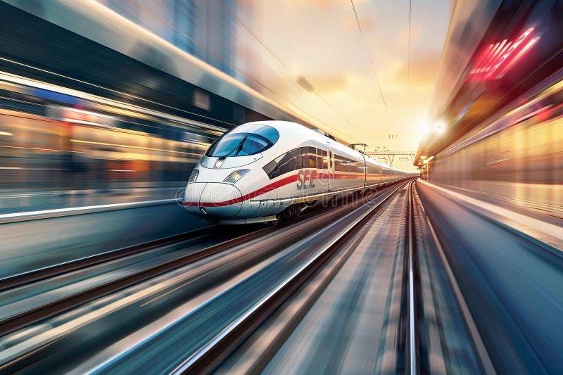 Modern High-speed Train in Fast Motion Passes through Railway Stations ...